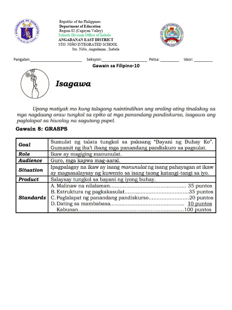 Halimbawa NG Gawain Sa Filipino 10 Quarter 1 | PDF