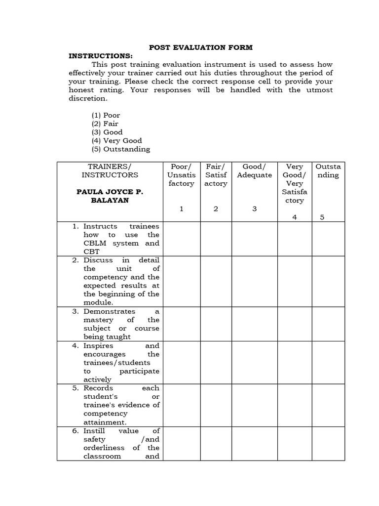 Post Evaluation Form | PDF | Learning | Change