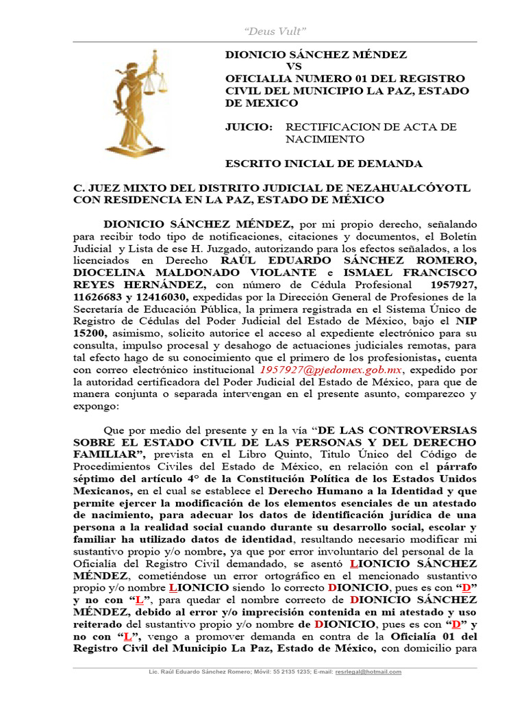 Demanda Rectificación Acta Nacimiento Dionicio Sánchez Méndez | PDF ...