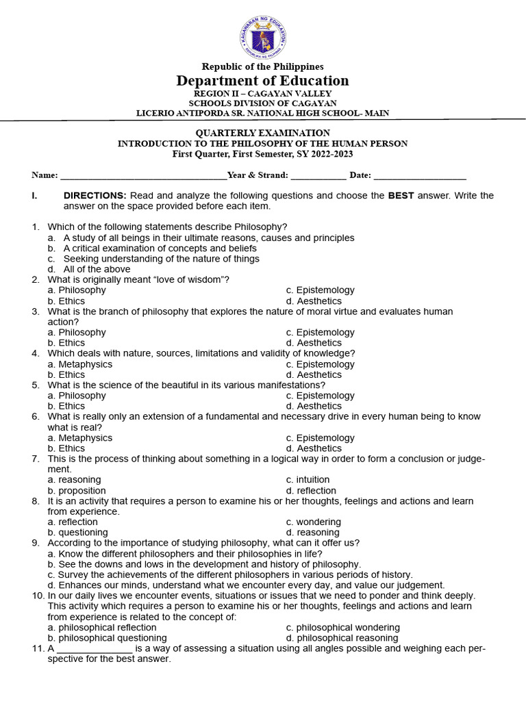 1st Quarter Exam - Intro To Philo SY 2022-2023 | PDF | Epistemology | Reason