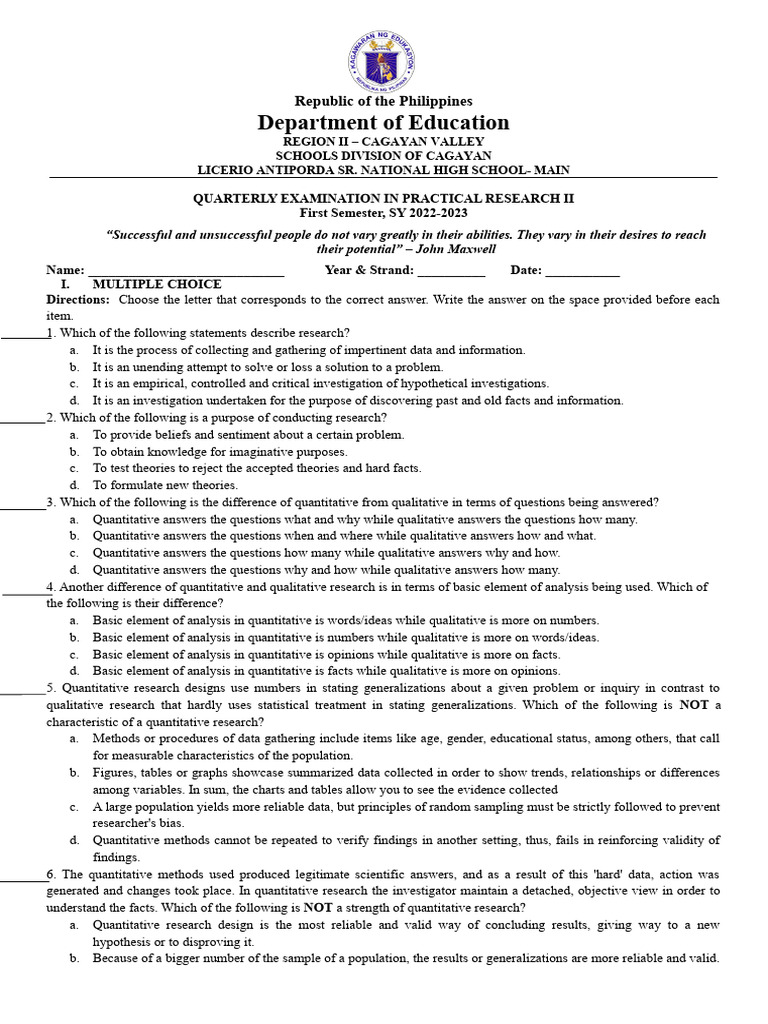 1st Quarter Exam - PR2 SY 2022-2023 | Download Free PDF | Quantitative ...