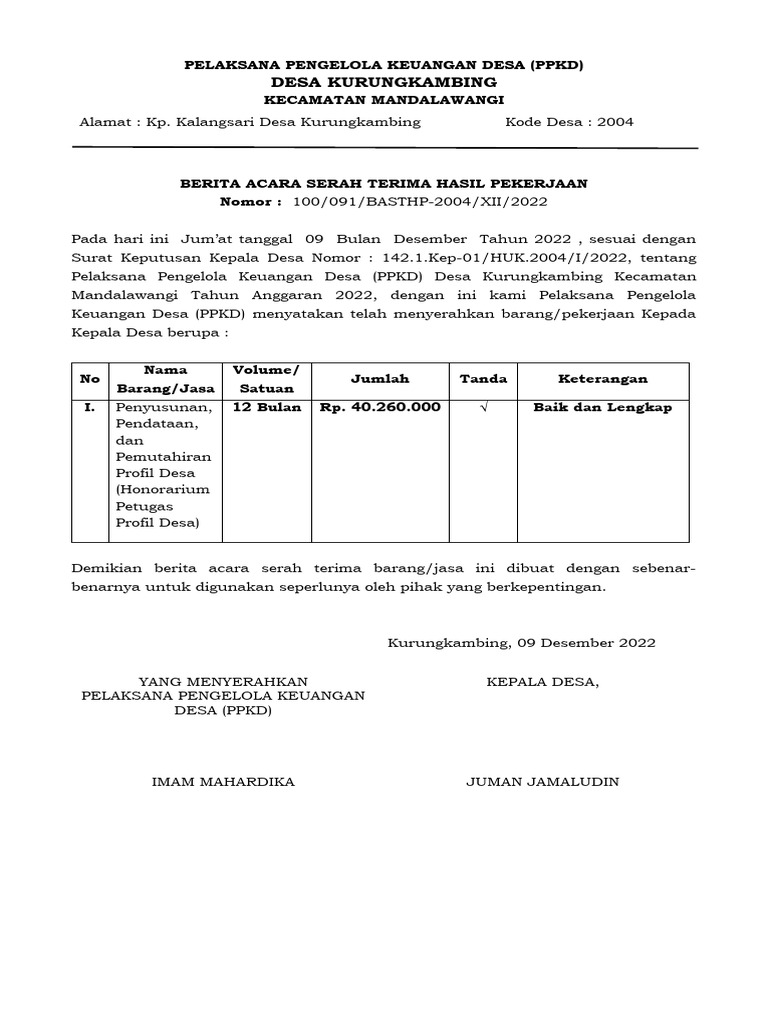 Contoh BA. Serah Terima Hasil Pekerjaan | PDF