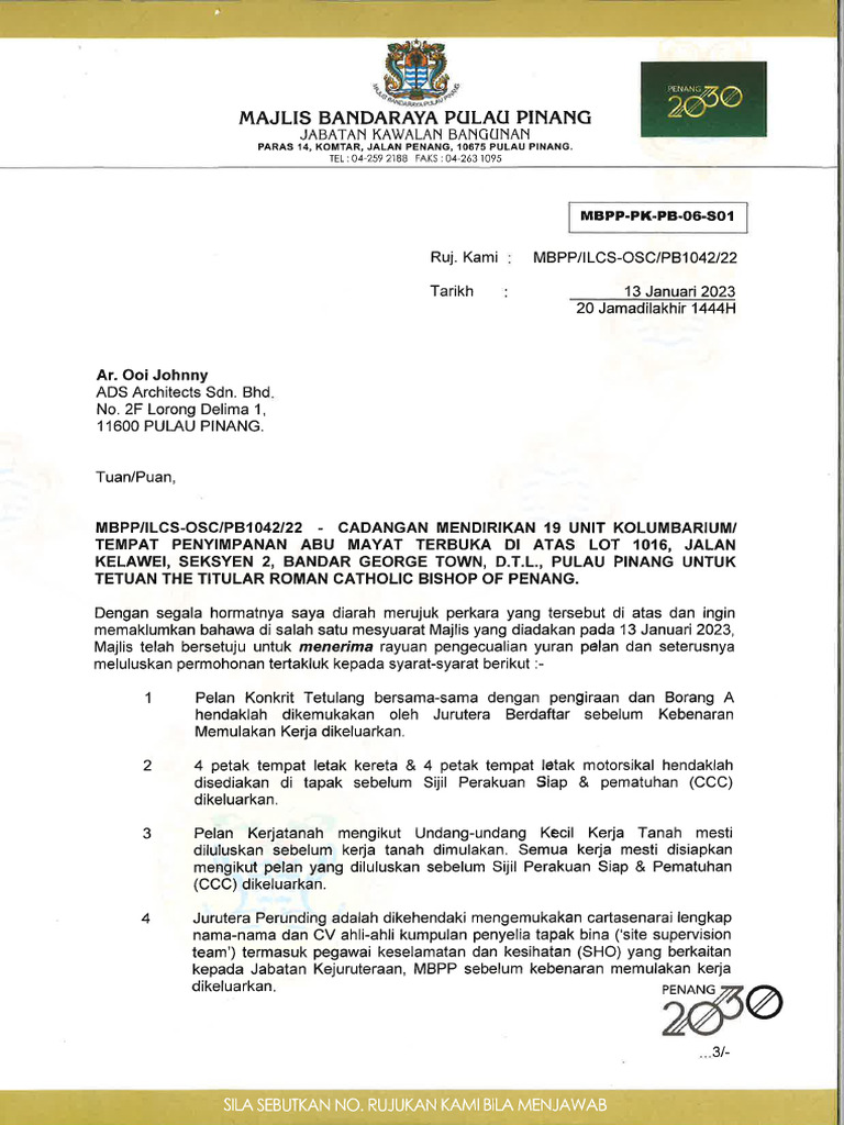 Kelawai Road Cemetery BP Approval Letter | PDF