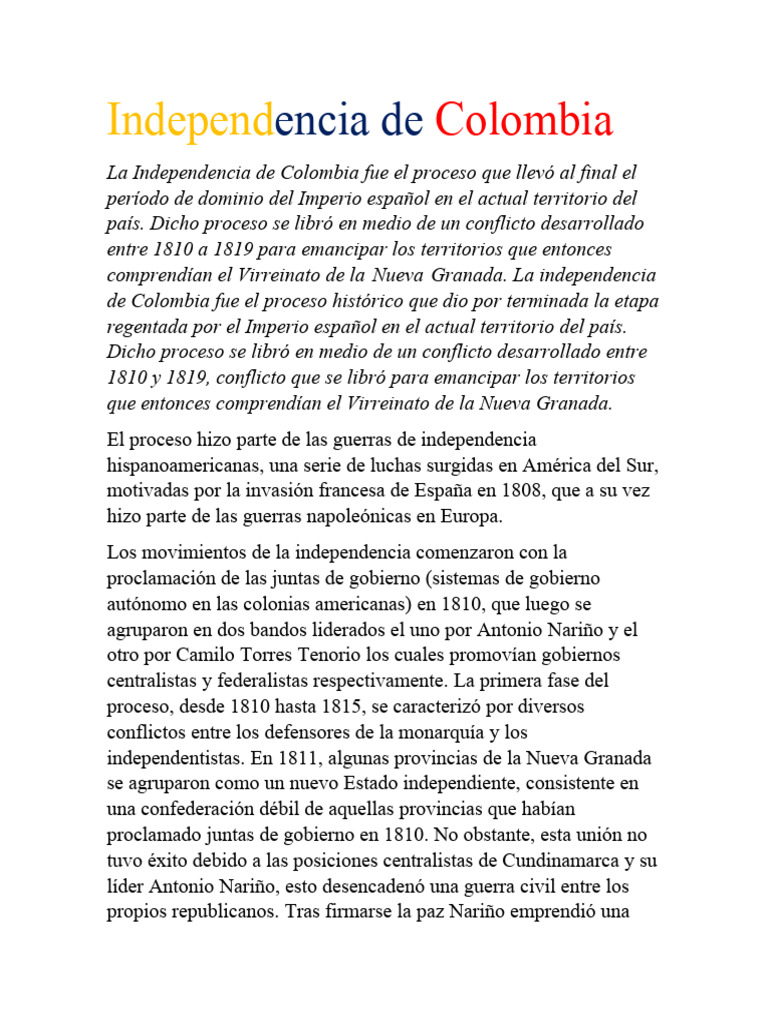 Proceso de Independencia de Colombia | PDF | América del Sur | America ...