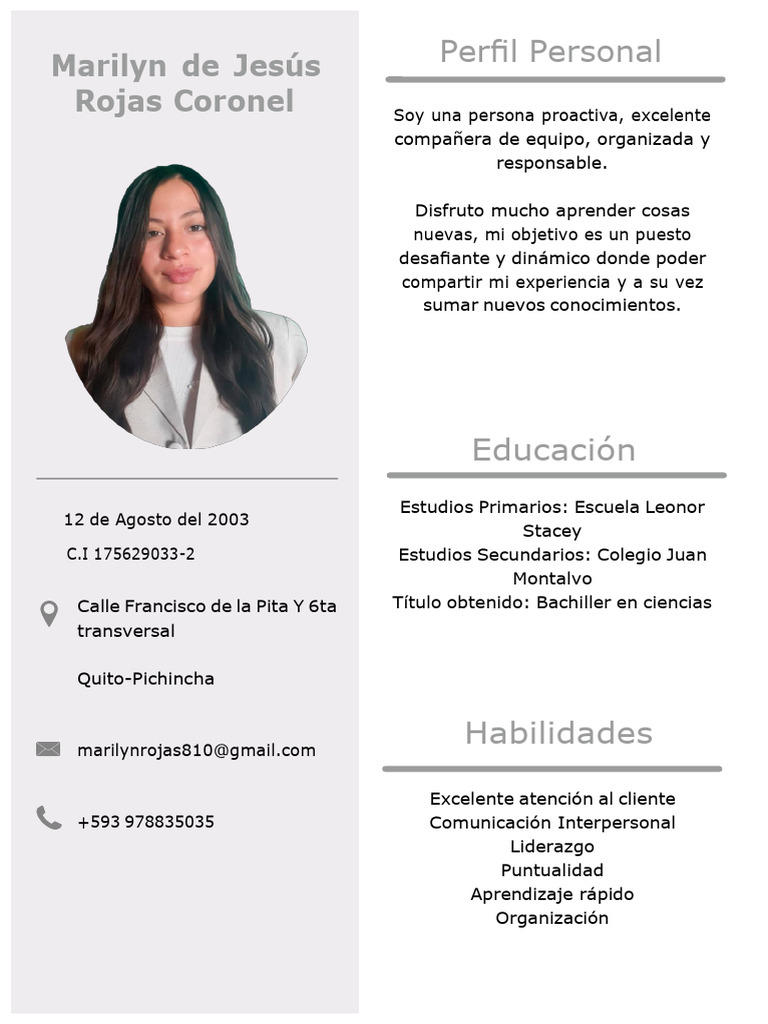 Hoja de Vida Marilyn Rojas - Quito | PDF