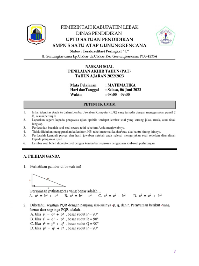 Soal PAT Kelas VIII - MTK | PDF
