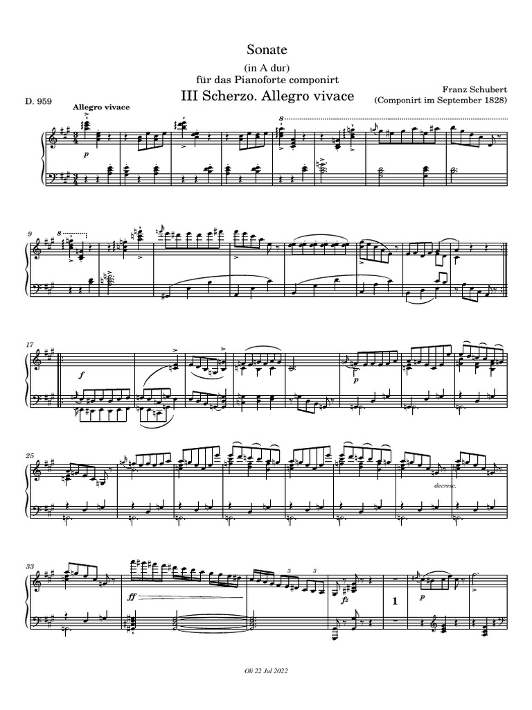 Piano Sonata in A Major D959 III - Scherzo. Allegro Vivace Franz Schubert | PDF | Rhythm And ...