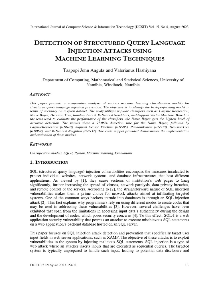 Detection Of Structured Query Language Injection Attacks Using Machine