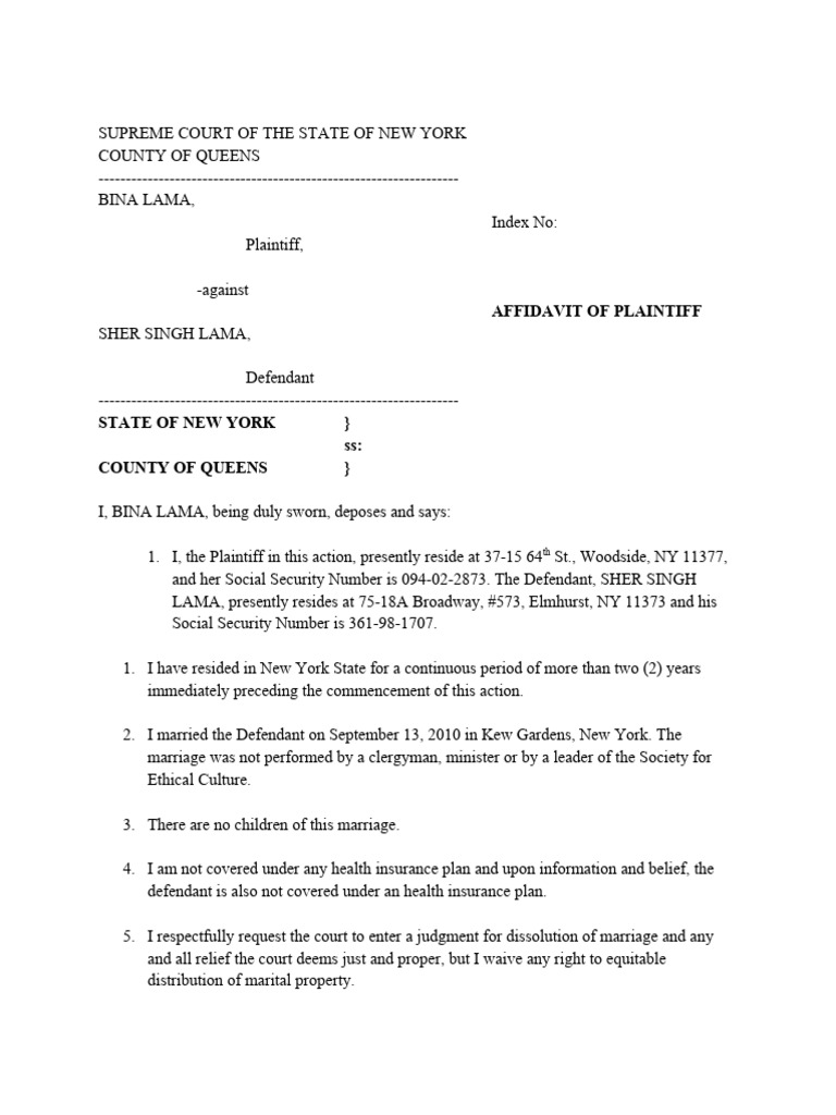 Affidavit of Plaintiff - 1 | PDF | Marriage | Divorce