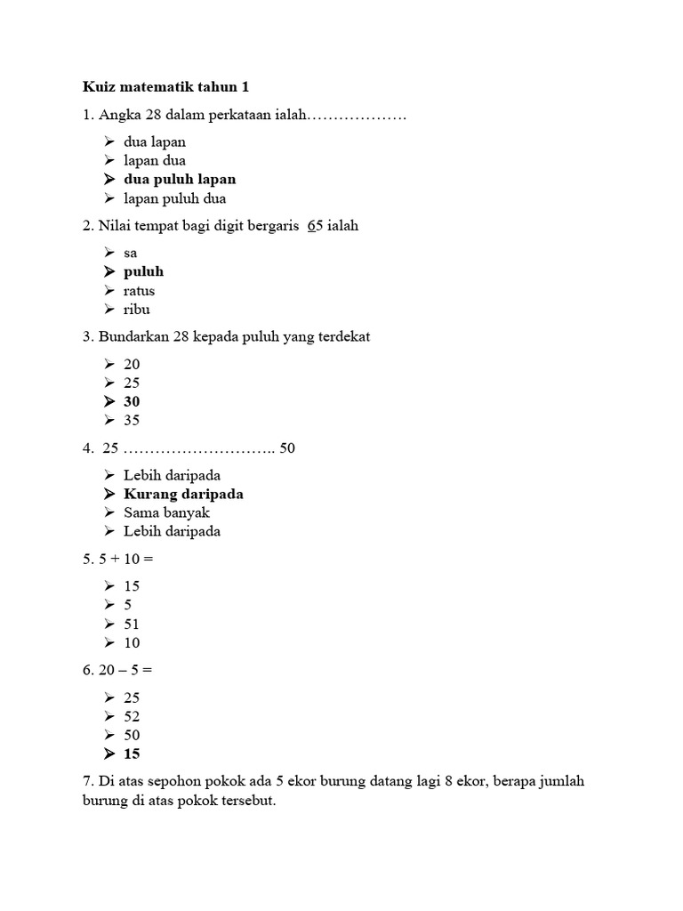 Kuiz Matematik Tahun 1 | PDF