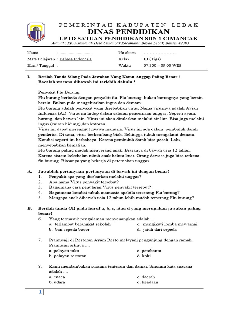 Soal UTS Bahasa Indonesia Kelas 3 | PDF