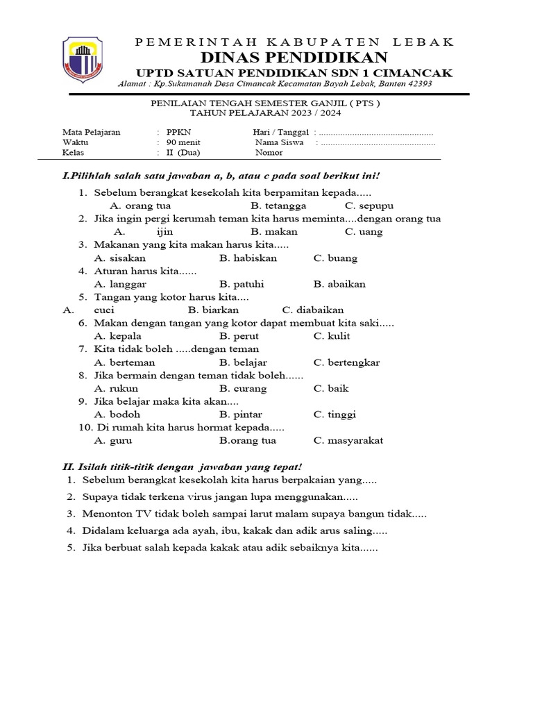 Soal Pts PPKN Kelas 1 | PDF