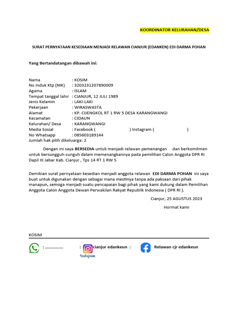 Surat Pernyataan Kordes Kosim | PDF