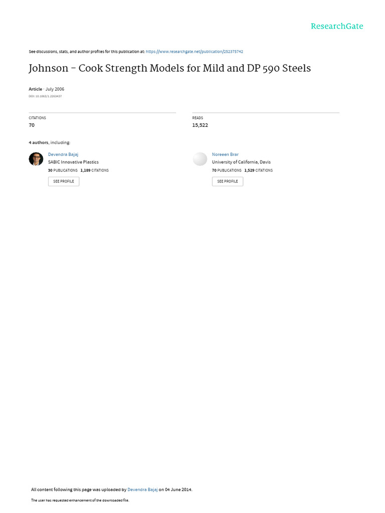 Johnson - Cook Strength Models For Mild and DP 590 | Download Free PDF ...