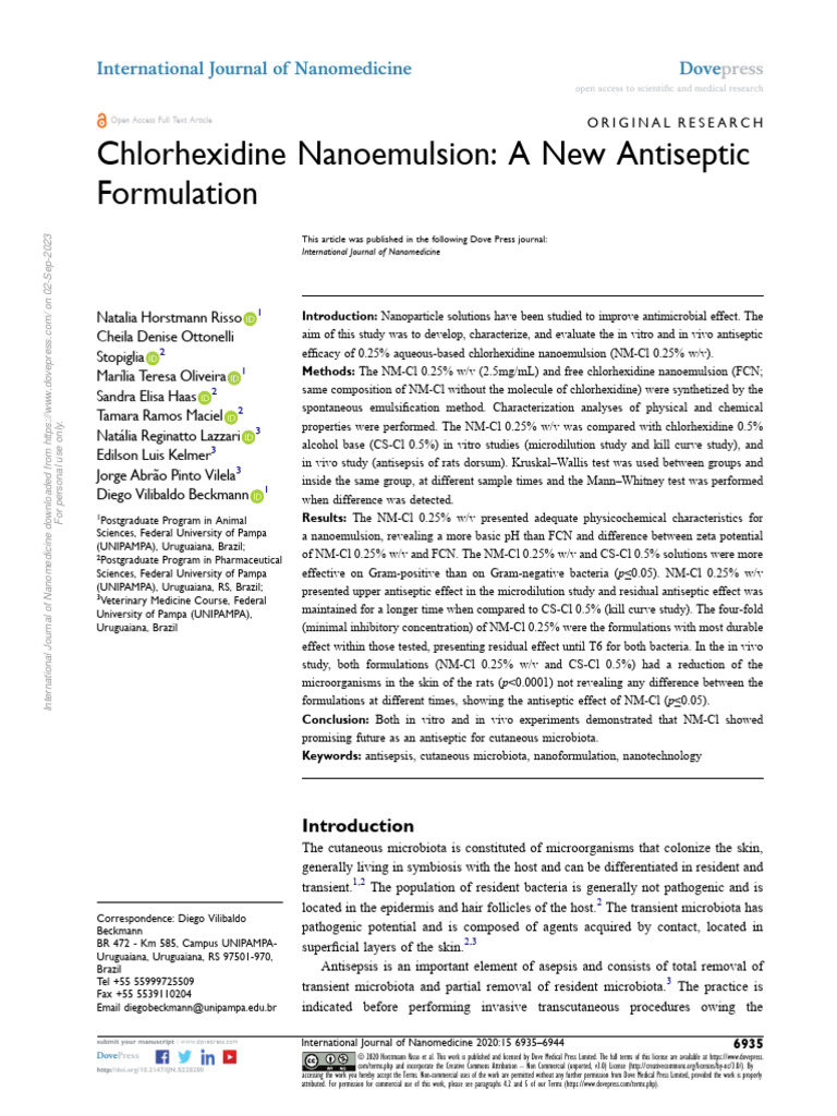 Ijn 228280 Chlorhexidine Nanoemulsion a New Antiseptic Formulation | PDF | Bacteria ...