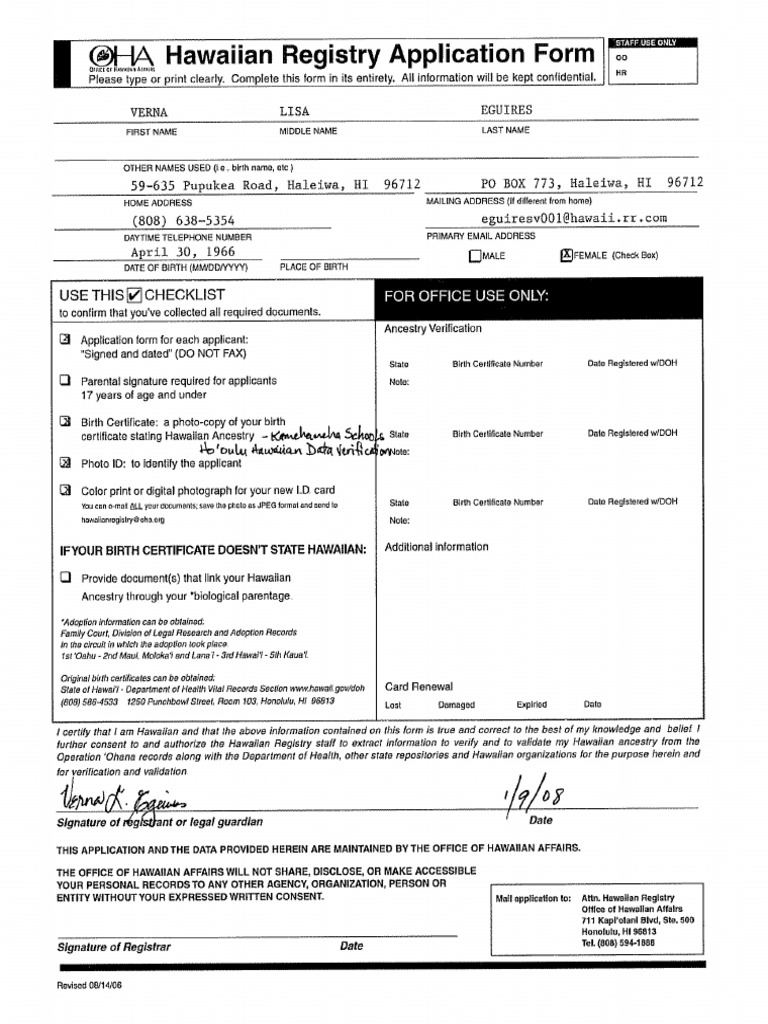 OHA Hawaiian Registry Application Form & KS Ho'oulu ID Verna Eguires | PDF