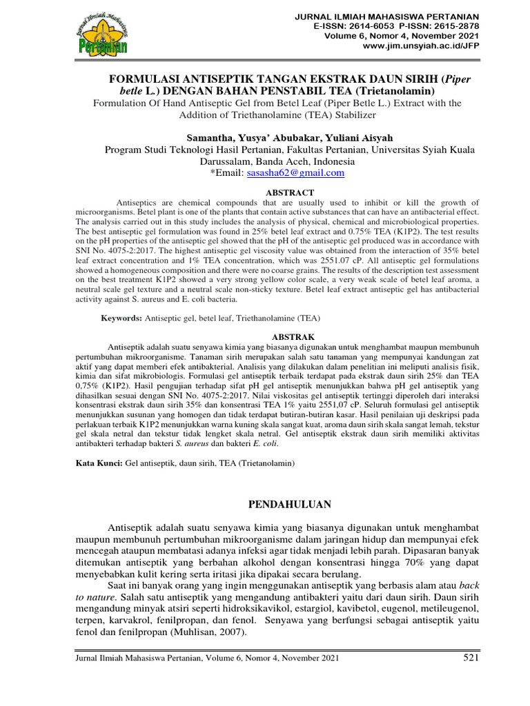 FORMULASI ANTISEPTIK TANGAN EKSTRAK DAUN SIRIH (Piper Betle L.) DENGAN ...