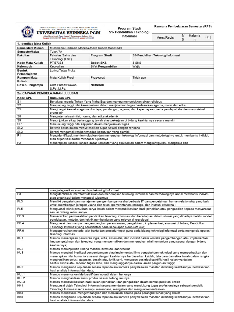 Semester 7 - RPS - Multimedia Berbasis Mobile | PDF | Komputer