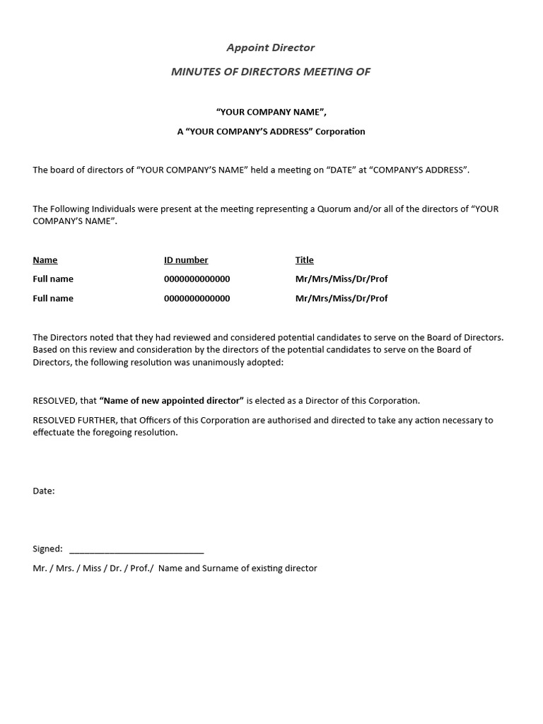 Meeting Minutes - Appoint Director and Resigning Director Template For ...