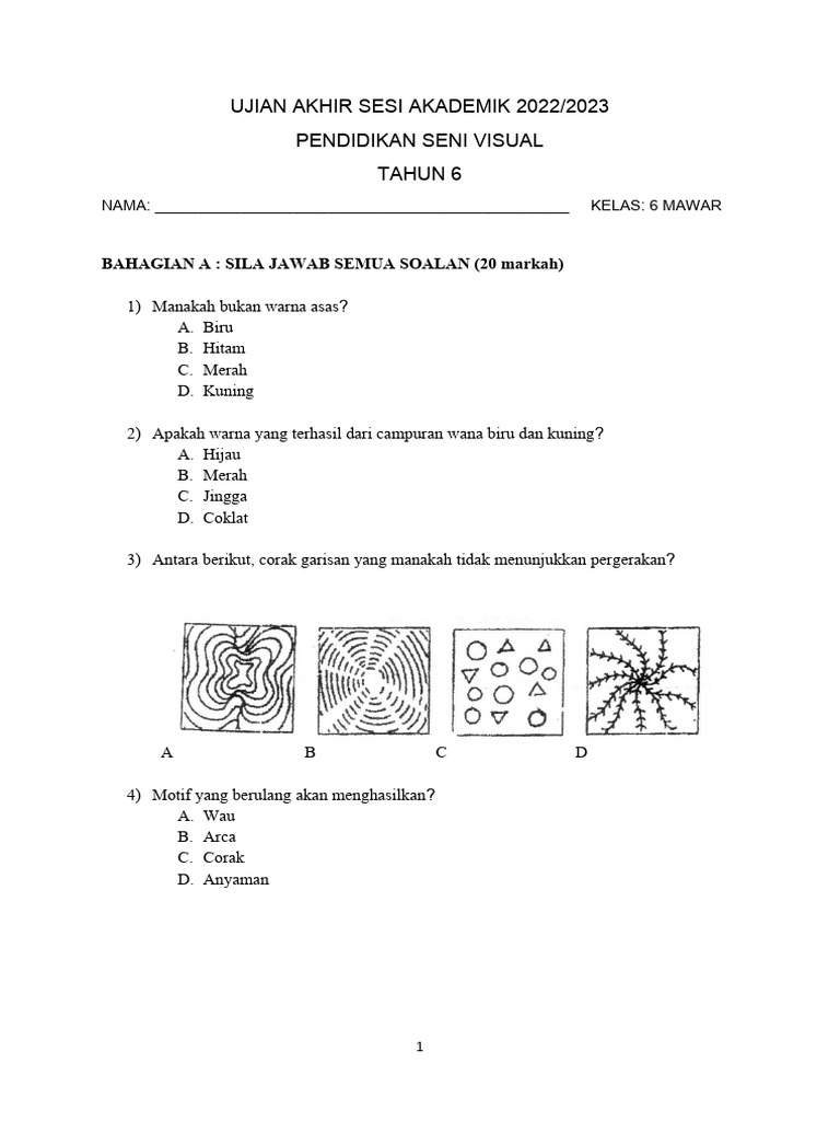 Ujian Akhir Sesi Akademik 2022 Pendidikan Seni Visual Tahun 6 | PDF