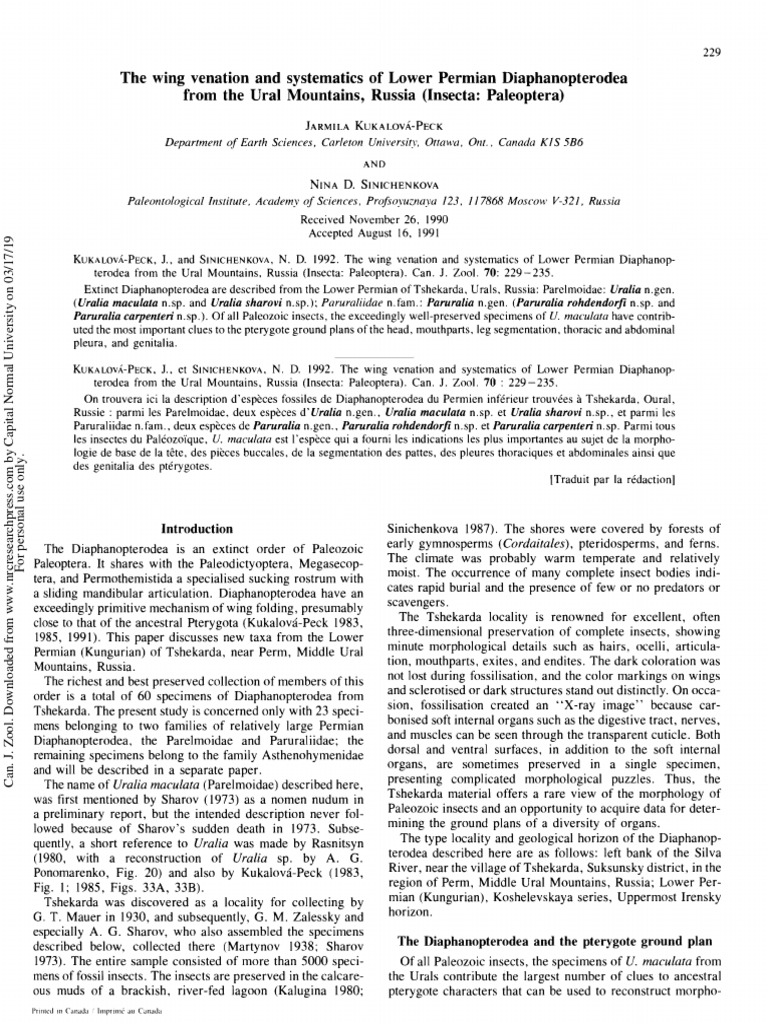 The Wing Venation and Systematics of Lower Permian Diaphanopterodea ...