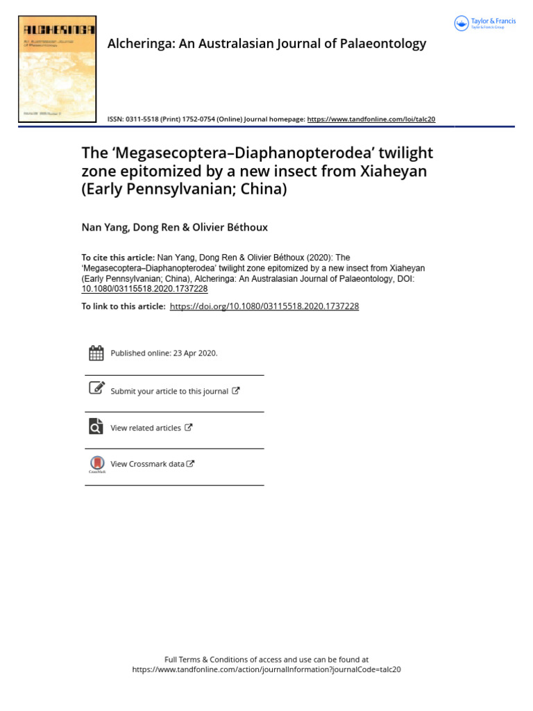 The Megasecoptera Diaphanopterodea Twilight Zone Epitomized by A New ...