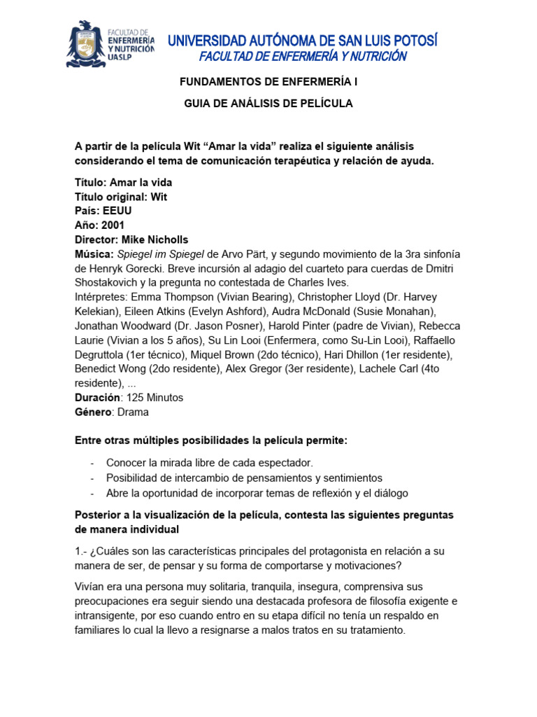 GUIA DE ANÁLISIS PELICULA WIT | PDF | Empatía | Ciencias de la Salud