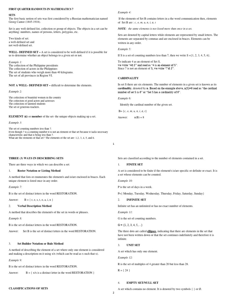 Summary of Q1 HANDOUTS | PDF | Set (Mathematics) | Rational Number