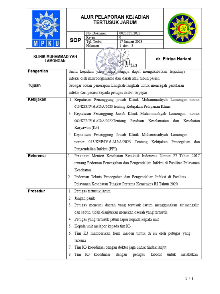 Sop Alur Pelaporan Tertusuk Jarum | PDF