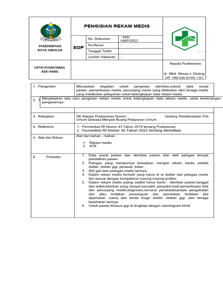 SOP Pengisian Rekam Medik | PDF