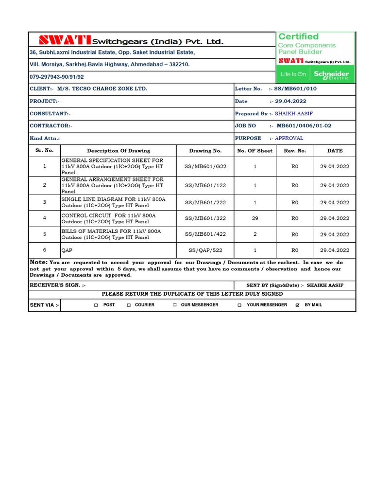 MB601 - 11kV 800A Outdoor (1IC+2OG) Type HT Panel | PDF | Electricity | Electrical Equipment
