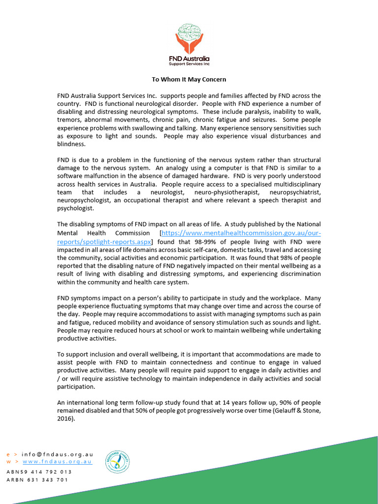 Letter FND Jul 20 Disability | PDF | Mental Disorder | Neurological ...