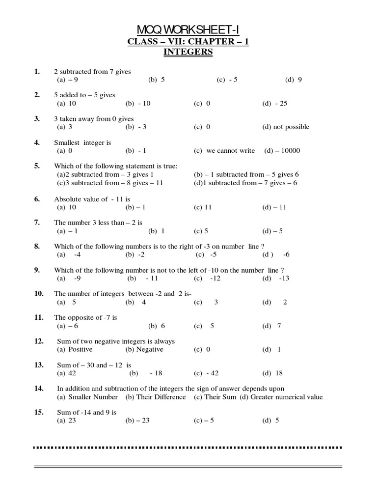 MCQ Worksheet-I: Class - Vii: Chapter - 1 Integers | PDF | Numbers | Subtraction