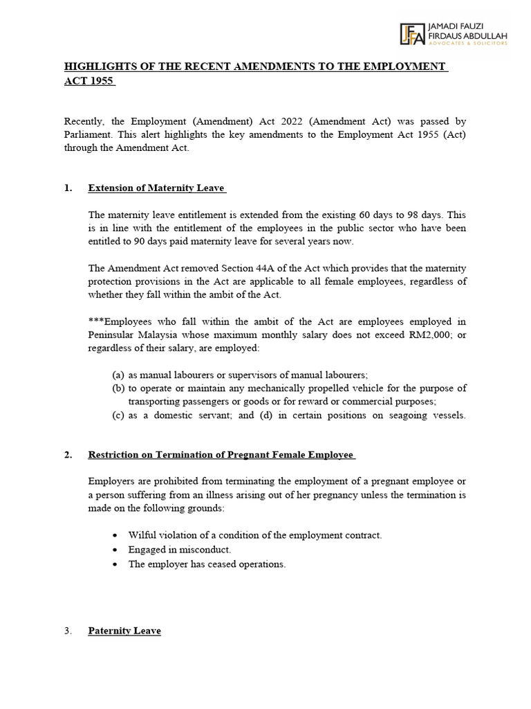 Employment Act 1955 Amendments 2022 | PDF | Employment | Parental Leave