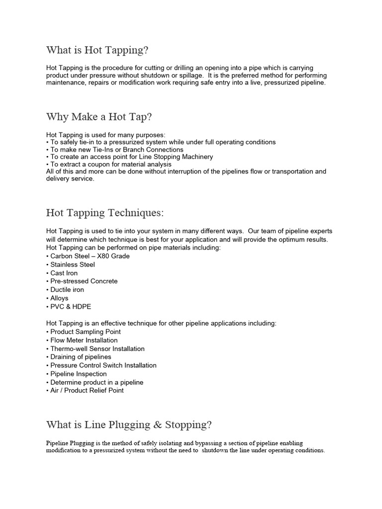 What Is Hot Tapping | PDF | Pipe (Fluid Conveyance) | Construction