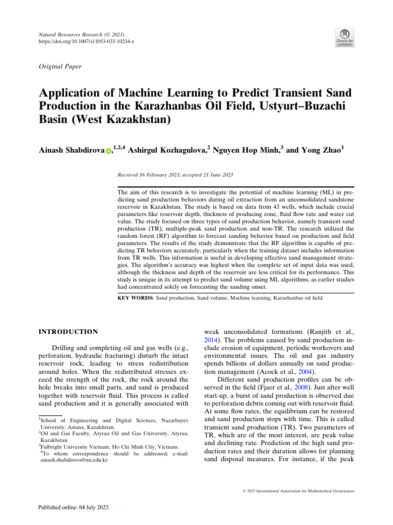 Application of Machine Learning To Predict Transient Sand Production in The Karazhanbas Oil ...