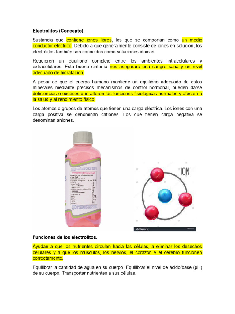 Funciones y Concepto de Electrolitos | PDF | Ácido | Electrólito