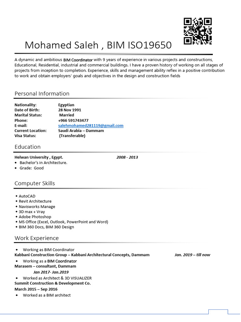 Mohamed Saleh - BIM Coordinator - CV Rev 01 | PDF | Building ...