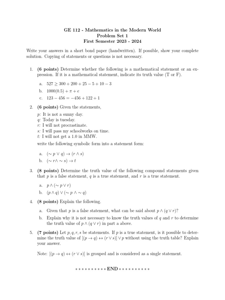 GE 112 Problem Set 1 | PDF