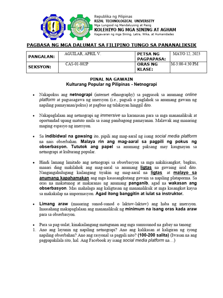 CAS 01 802P PINAL NA GAWAIN Kulturap Popular NG Pilipinas Netnograpi | PDF