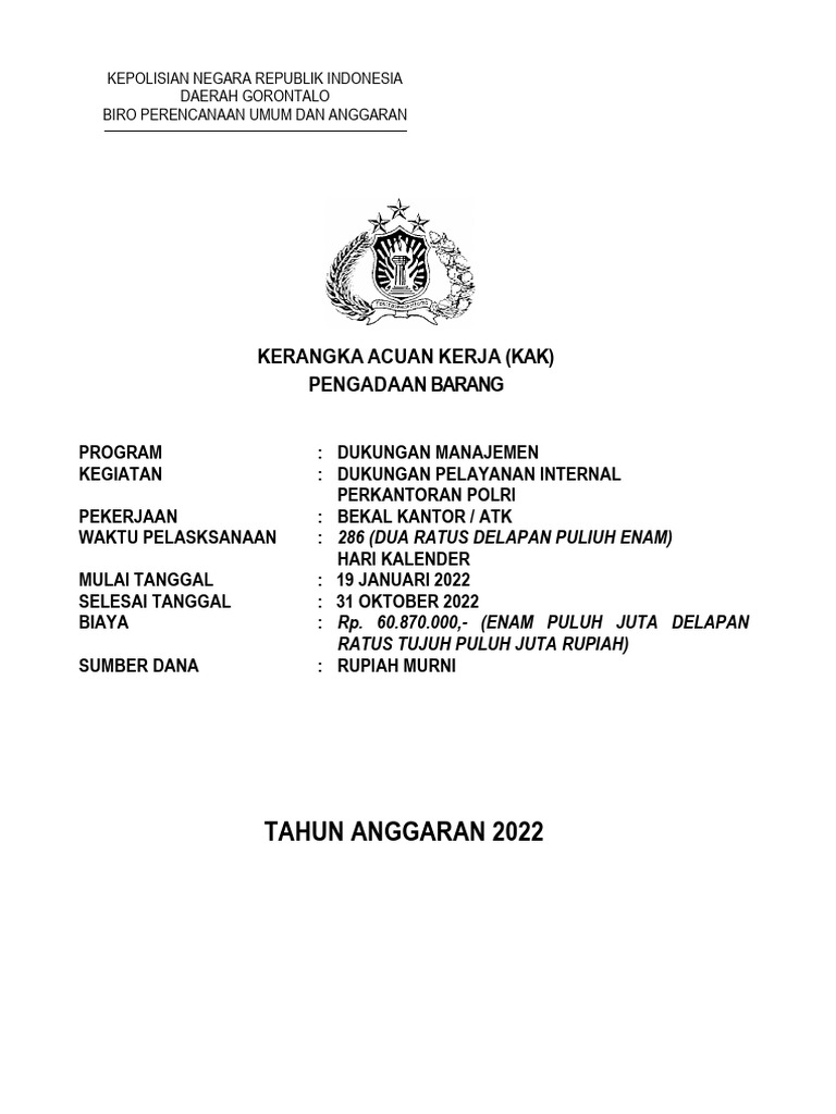 KAK PENGADAAN BARANG- ATK-2022 | PDF