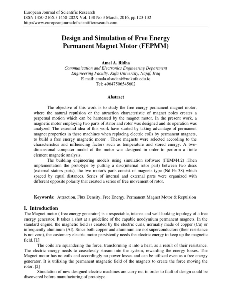 Design and Simulation of Free Energy Per | PDF | Electric Motor | Magnet