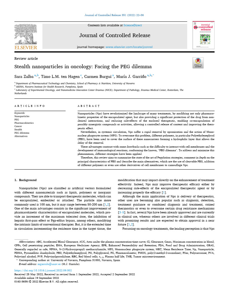 Zalba - 2022 - Stealth Nanoparticles in Oncology - Facing The PEG Dilemma | Download Free PDF ...
