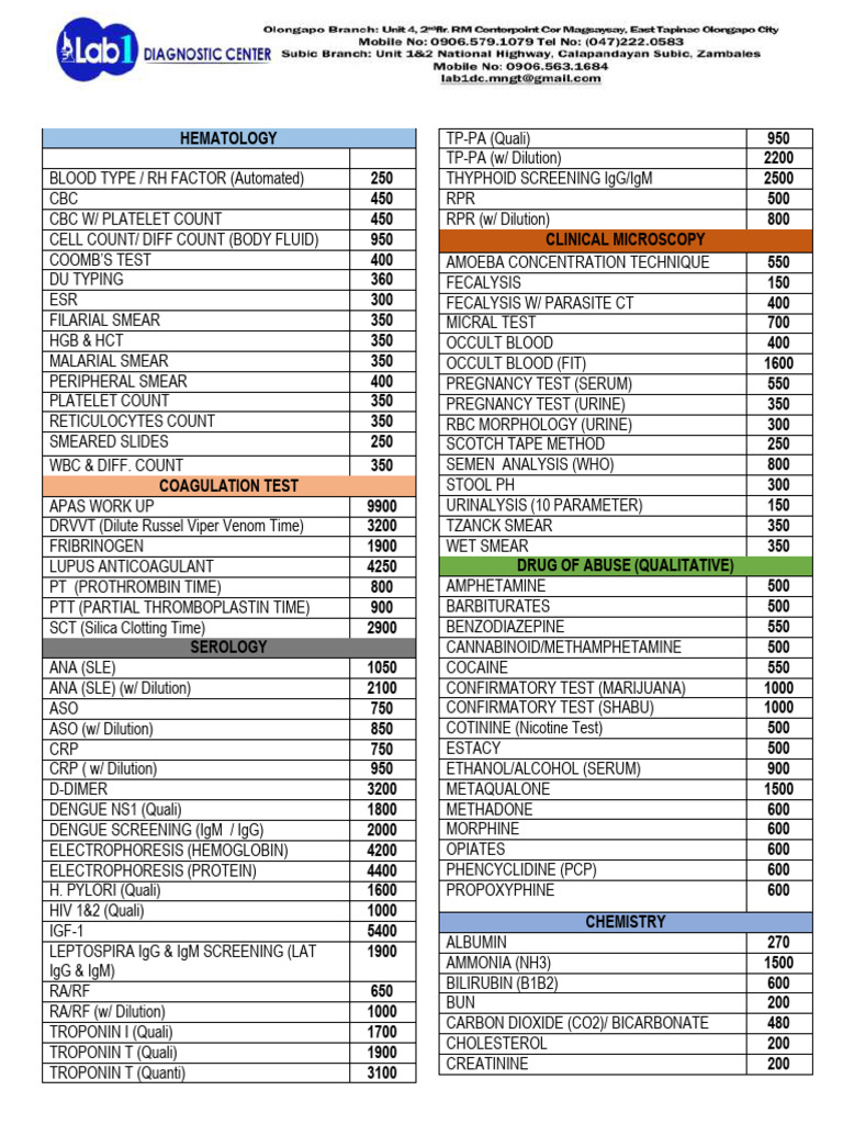 List of Services and Pricelist 2023 | Download Free PDF | Medical ...