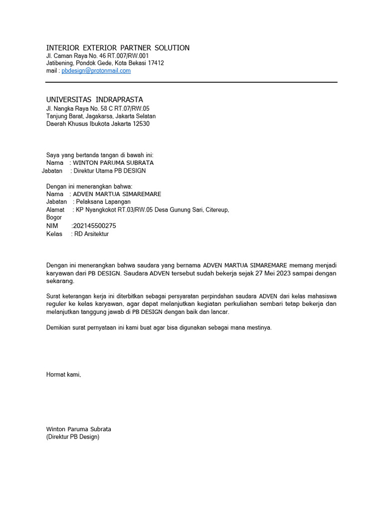Surat Keterangan Kerja PB Design | PDF