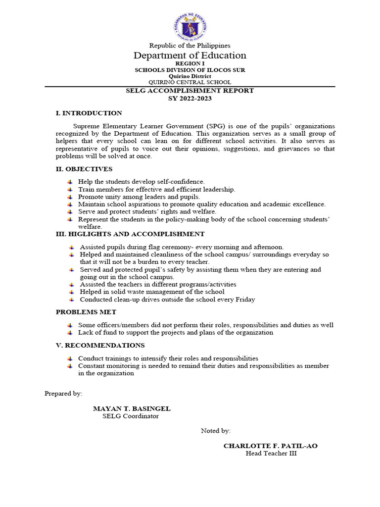 Accomplishment Report of SPG Third Quarter SY 2027 2018 | PDF