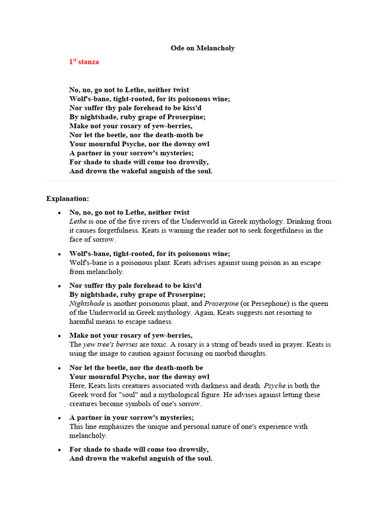 Ode On Melancholy Explaination | PDF | Poetry