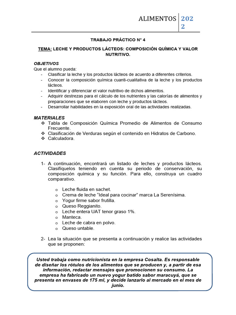 TP #4 - Leche y Productos Lácteos. | PDF | Leche | Productos lácteos