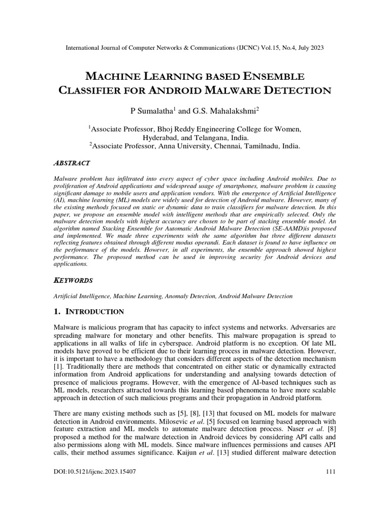 Machine Learning Based Ensemble Classifier For Android Malware Detection Pdf Receiver