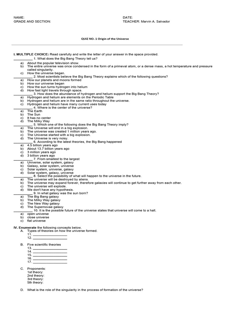 QUIZ NO. 1 Origin of The Universe | PDF | Universe | Big Bang